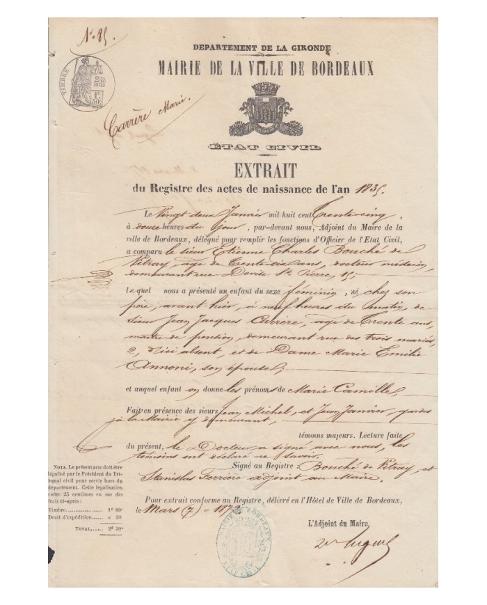 E127 FRANCE FRANCIA SEALLED PAPER 1872. 1,50C. BIRTH CERTIFICATE